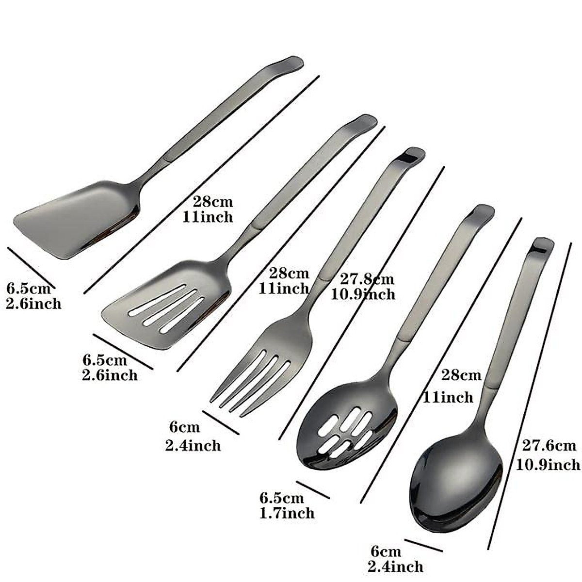 5 PCs Black Kitchen Utensils Set Slotted Spactula Wide Turner Serving Spoon Slotted Spoon Dinner Fork Cooking Tool Set