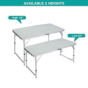 CAMPMOON Folding Camping Table 4 Foot, Lightweight Portable Aluminum Folding Table with Adjustable Legs, Great for Outdoor Cooking Picnic, White