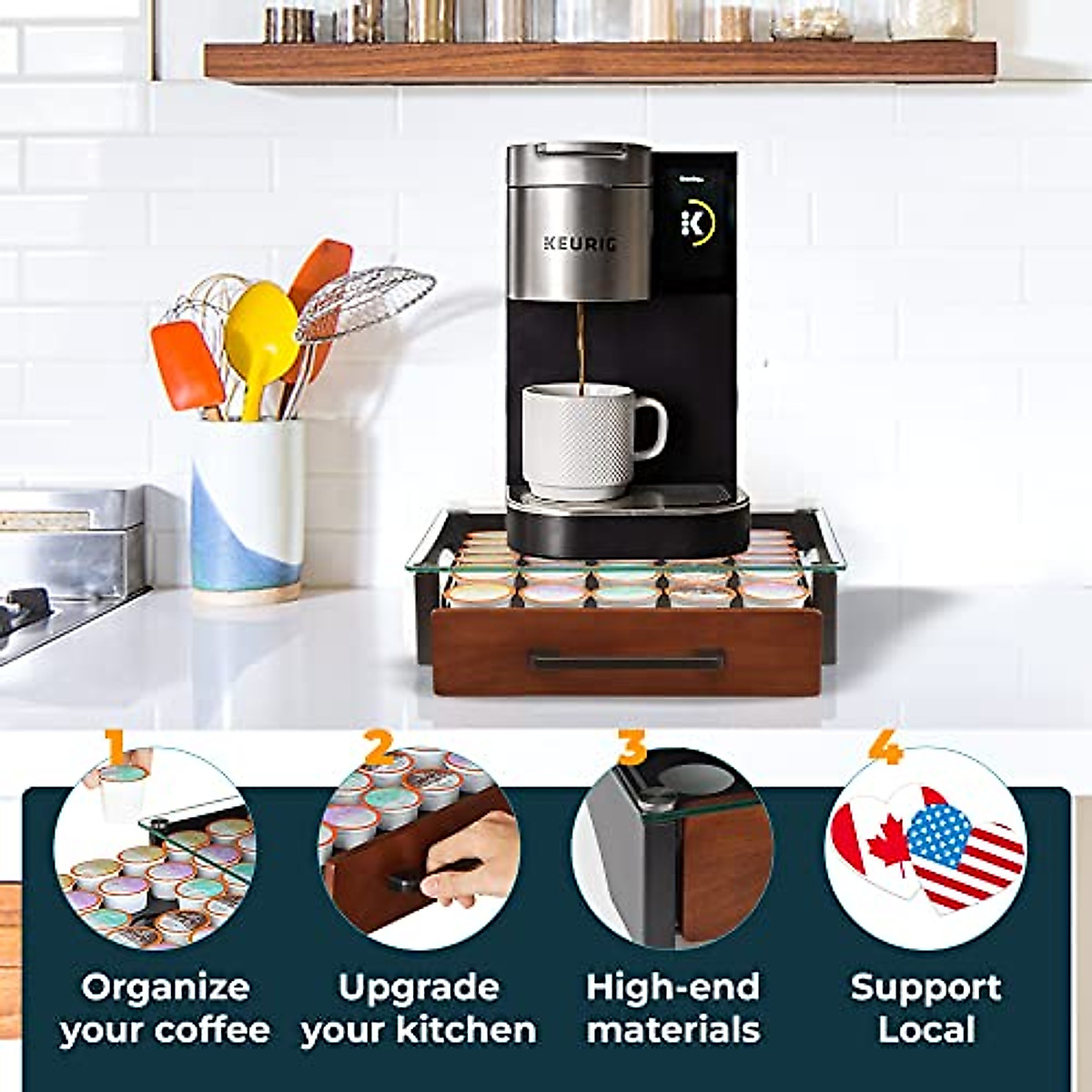 K Cup Storage Drawer Under Brewer by Saratoga Home - K Pod Holder for K Cups Compatible for Keurig Coffee Pod Holder, K Cup Organizer Drawer With Solid Steel and Real Wood, K Cup Holders for Counter