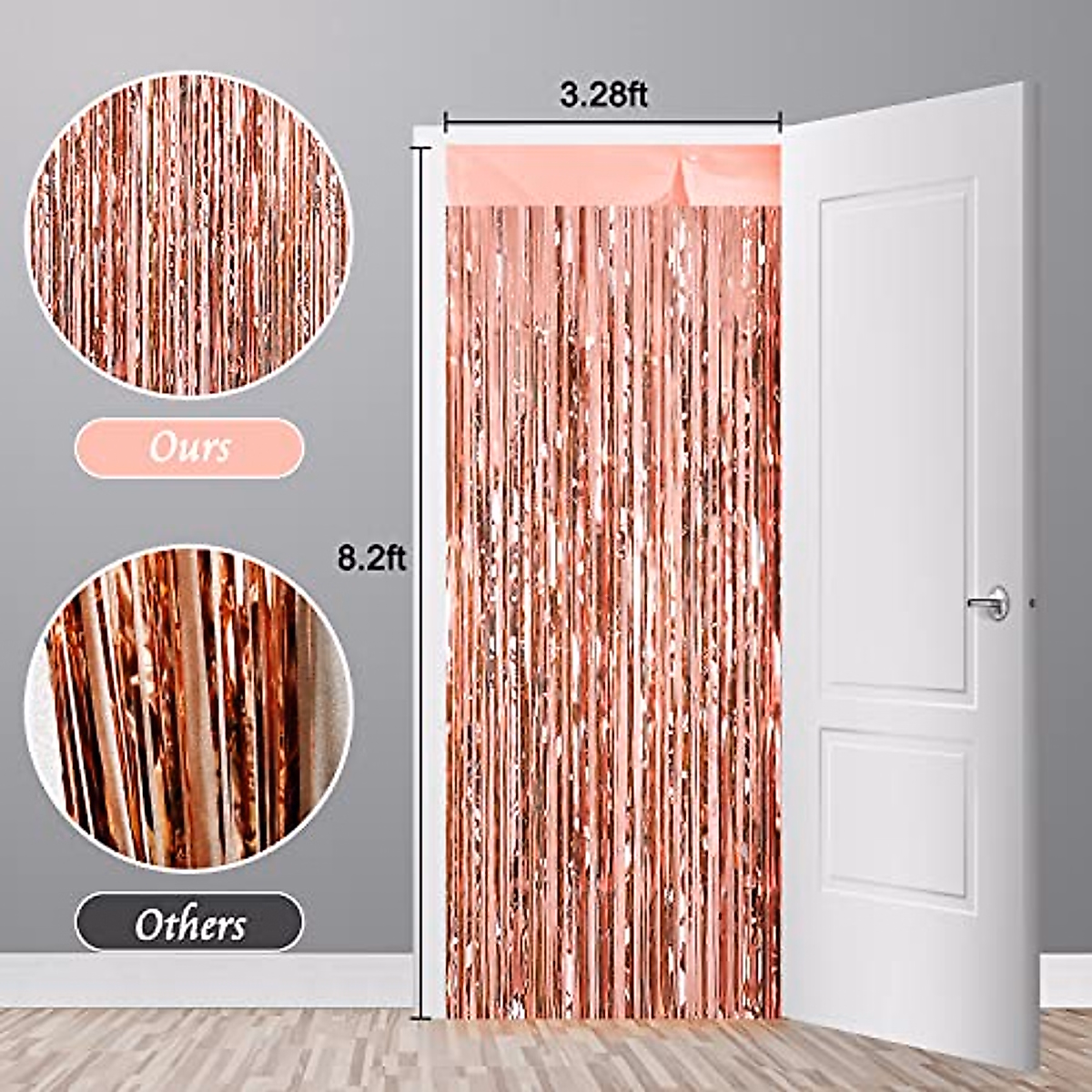 6 Pack Rose Gold Foil Fringe Curtains Party Backdrop, 3.28 x 8.2 ft Metallic Foil Tinsel Fringe Backdrop Door Fringe for Photo Wedding Birthday Bridal Showers Graduation Theme Party Decorations