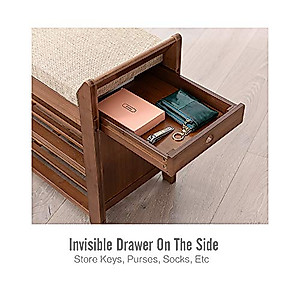 YUSING Bamboo Shoe Rack Bench with Removable Cushion, 2 Tier Entryway Shoe Storage Organizer Shelf with Hidden Drawer and Umbrella Stand for Bedroom, Living Room and Bathroom (Large)