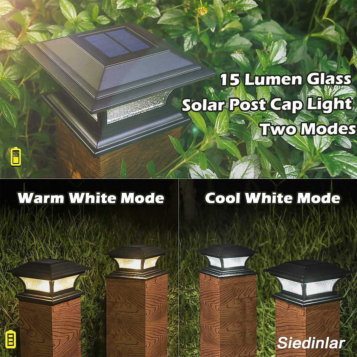 SIEDiNLAR Solar Post Lights Outdoor Glass LED Fence Cap Light 2 Modes for 4x4 5x5 6x6 Posts Deck Patio Garden Decoration Warm White/Cool White Lighting Black (4 Pack)