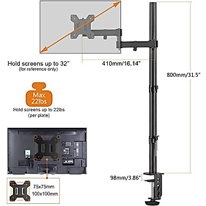 Bracwiser Single Fully Adjustable Standing Height Monitor Arm Stand Mount 800mm Tall for Monitor Computer Screen 13 15 17 19 20 22 23 24 26 27 30 32 inch VESA 75 100 (MD7821)