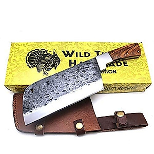 Wild Turkey Handmade Collection 1075 High Carbon Steel Full Tang Butcher Knife Handmade Forged Kitchen Chef Knife High Carbon Steel Butcher Cleaver with Leather Knife Sheath. (Wood)