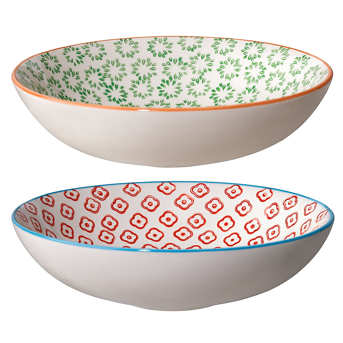 Bloomingville Ceramic Pasta Bowls Emma - colorful Serving Dish Dia 7.5'' H 2'', green red, Stoneware, Set of 2 Styles, content 19.25 fl oz