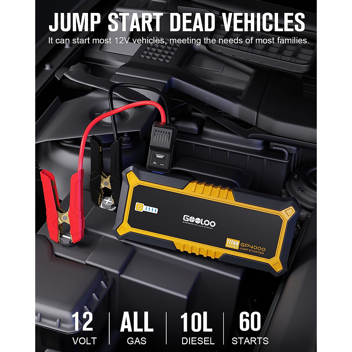 GOOLOO GP4000 Jump Starter 4000A Peak Car Starter (All Gas,up to 10.0L Diesel Engine) SuperSafe 12V Lithium Jump Box,Auto Battery Booster Pack,Portable Power Bank with USB Quick Charge and Type C Port