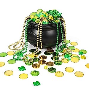 307 Pcs St Patrick's Day Black Candy Cauldron Kettle with Handle Set Shamrock Leprechaun Coin Gold and Green Gem Clover Necklace Lucky Plastic Jewelry Treasure Pot for Saint Patty's Day Party Decor