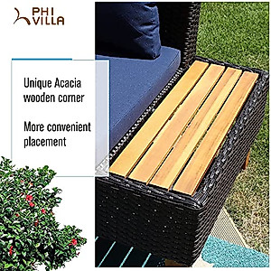 PHI VILLA 3-Piece Outdoor Rattan Sectional Sofa Set with Acacia Wood Coffee Table Patio Wicker Furniture Set with Cushions Conversation Set, Navy Blue