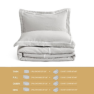 Simple&Opulence 100% Linen Duvet Cover Set Comforter King Size (104" x 92")-3pcs French Washed Flax Textured Soft Bedding with Striped Detail, 1 Duvet Cover and 2 Pillowcases (Grey)