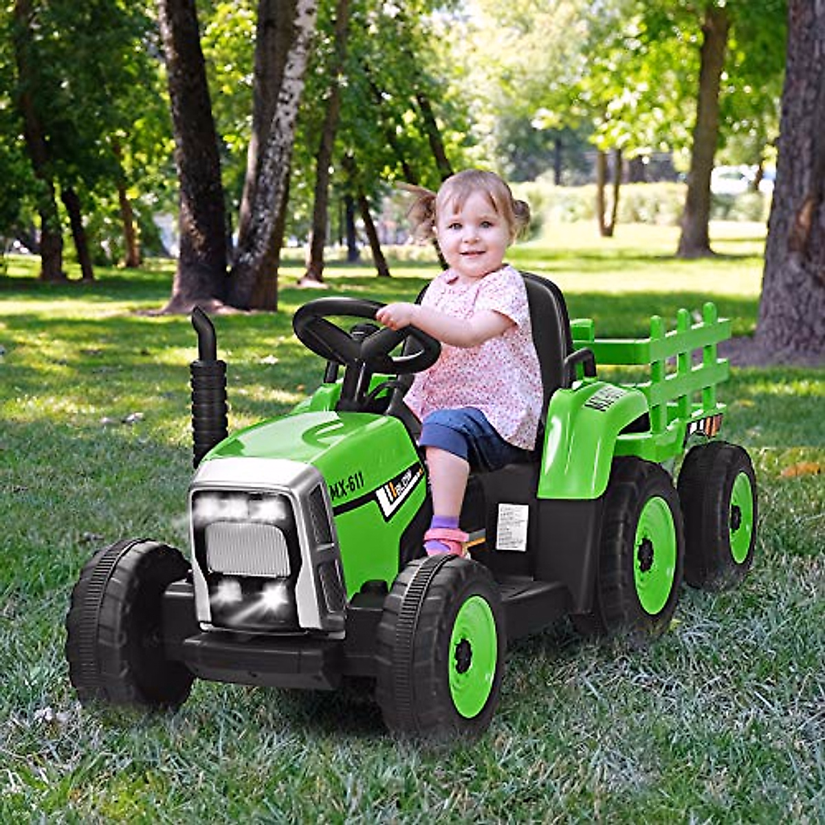 HONEY JOY Ride On Tractor with Trailer, Toddler 3-Gear-Shift Ground Loader, LED Lights, Horn, Music, 12V Battery Powered Electric Toy Tractor with Remote Control (Green)
