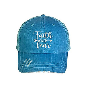 DSY Lifestyle Faith Over Fear Embroidered Distressed Trucker Hat -Frayed Bill Mesh Back Cap (Black)
