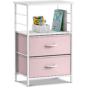 Sorbus 2 Drawer Shelf Storage Nightstand - Kids Bedside Furniture End Table Night Stand with Steel Frame Wood Top & Easy Pull Fabric Bins, Dresser & Chest for Home Bedroom Accessories Office & College