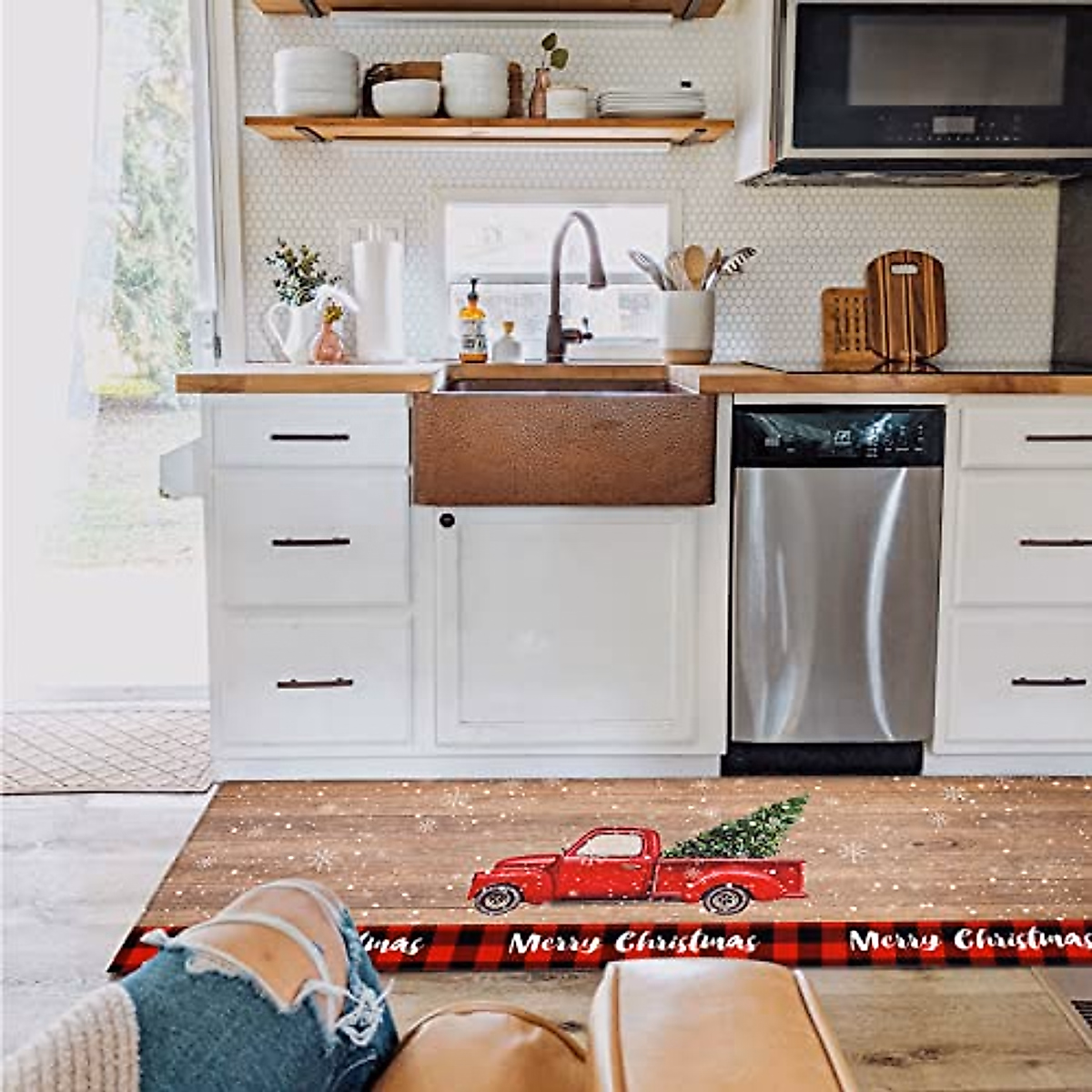 Runner Rugs And Mats 1 Pcs, Merry Christmas Red Truck with Xmas Tree Rustic Old Wooden Red Black Plaid Non Slid,Absorbent Kitchen Rug,Rubber Dots Backing Indoor Door Mat,Standing Mat 18x47.2 Inch