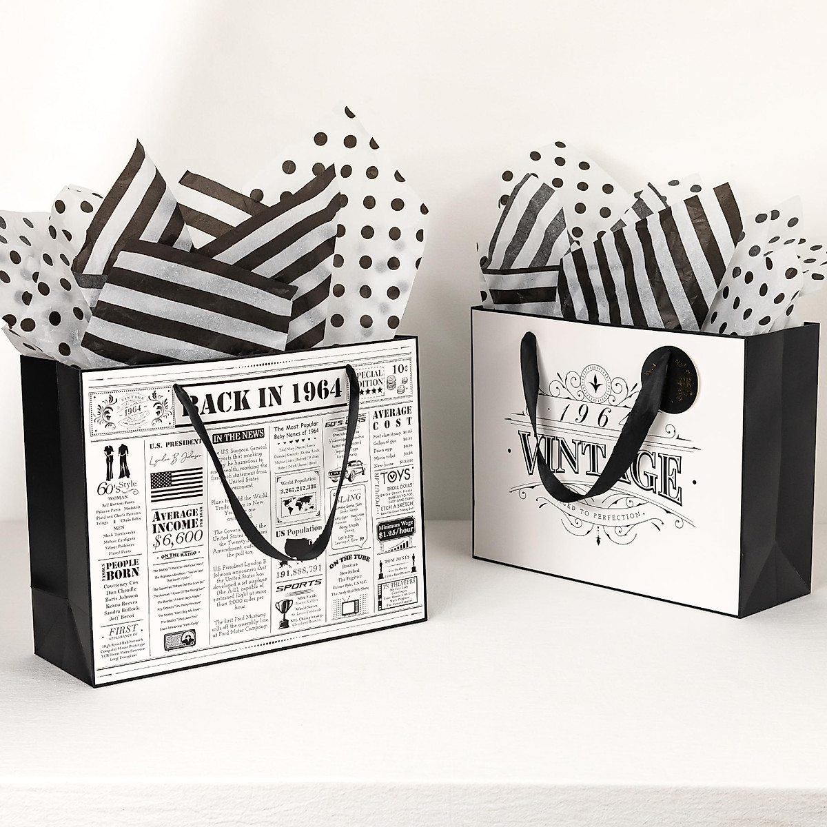 Crisky 60th Birthday Gift Wrap Bag Vintage 1964 with 60th Birthday Card Matching Envelope Sticker and Tissue Paper for Women/Men/Wife/Husband/Mom/Dad, 13" x 10" x 5"