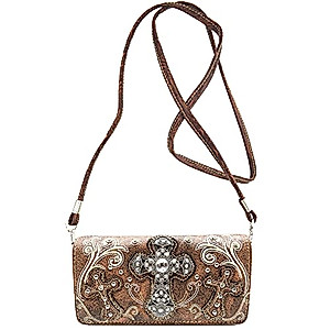 Western Style Rhinestone Cross Tote Concealed Carry Purse Laser Cut Handbag Women Shoulder Bag Wallet Set (#2 Brown)