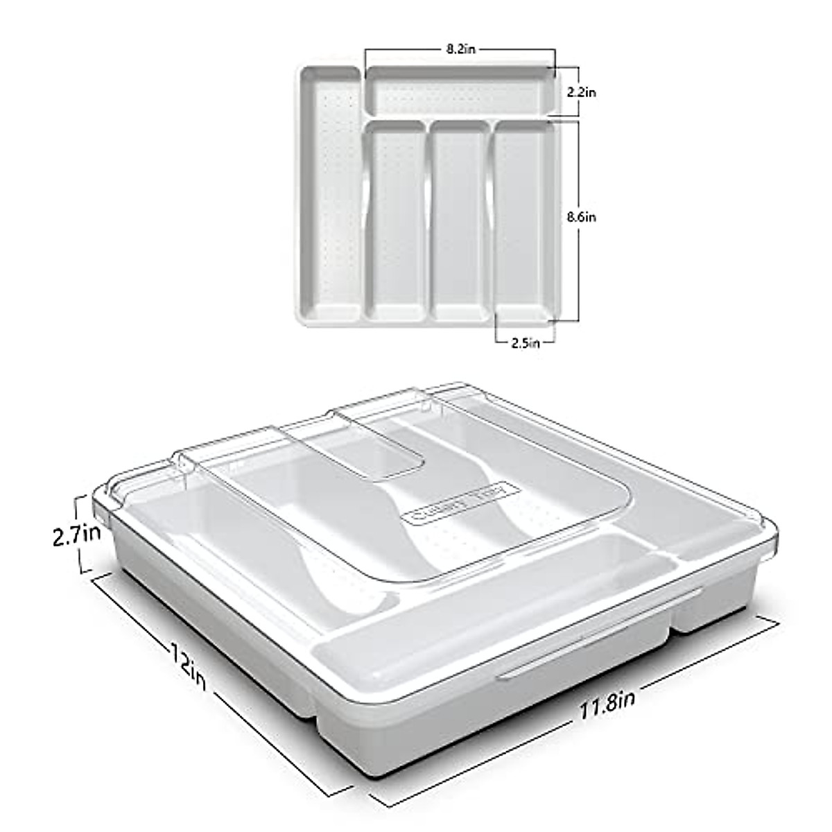 QINOL Silverware Tray with Lid, Utensil Drawer Organizer for Kitchen Countertop Plastic Flatware Organizers and Storage holder 5 Compartments White