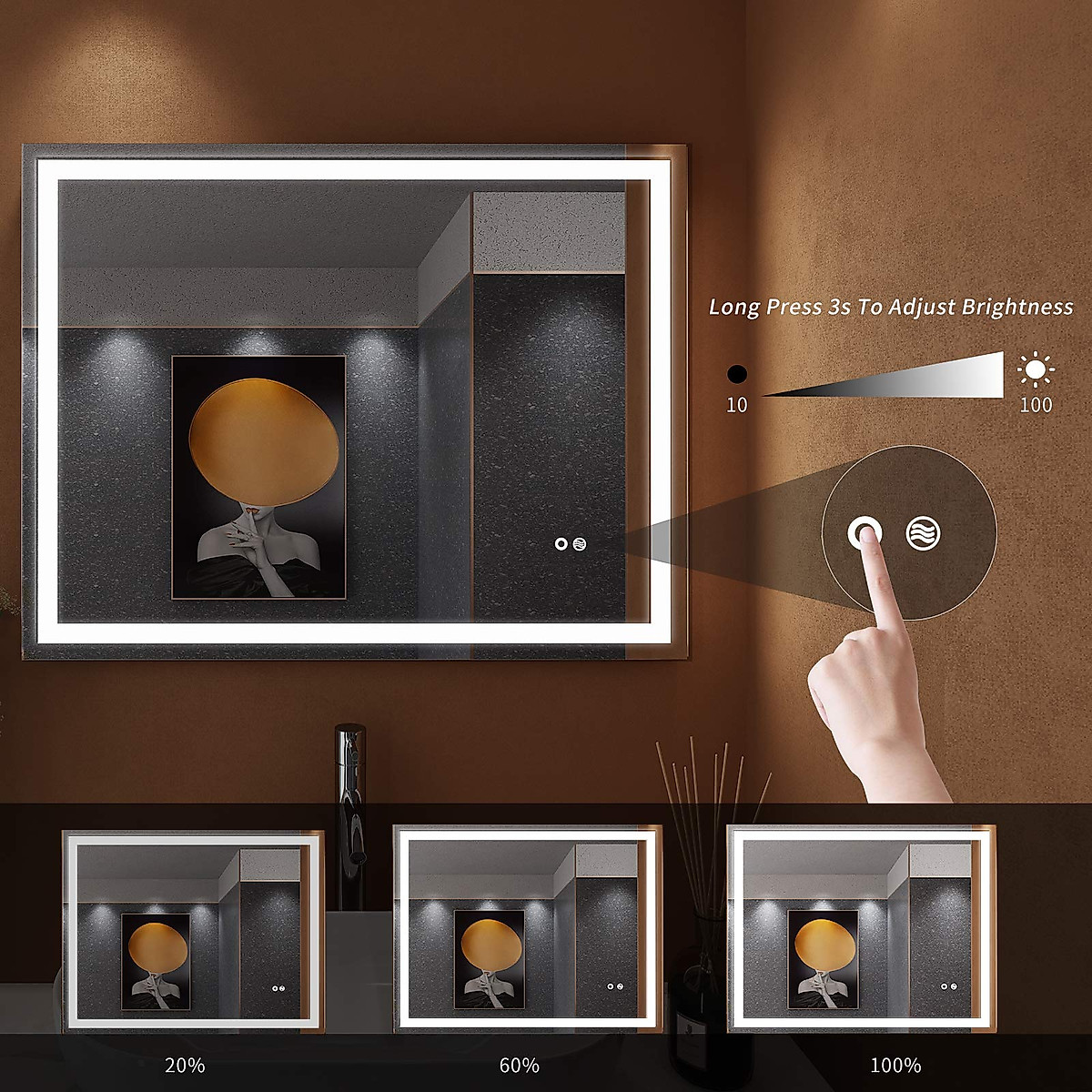 Summer Calling 24x32 Inch Led Bathroom Mirror with Light, Color Temperature 3000-6000K Adjustable, Dimmer with Memory, Defogger Wall Mounted Led Backlit Mirror, High Lumen, IP54 Waterproof