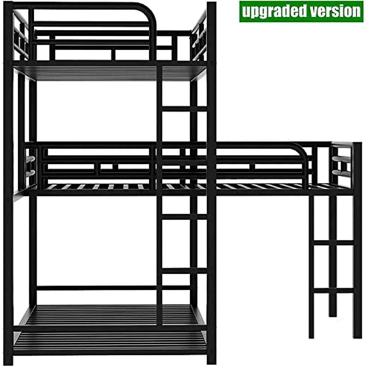 SNIFIT Latest Upgraded & Stronger Steel Metal L Shape Triple Bunk Bed Twin Over Twin Over Twin, Thicken Reinforced Twin Triple Bunk Bed Frame L Shaped for 3 with Safer Ladder, Black (Easier Assembly)