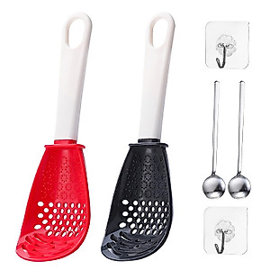 2Pack Multifunctional Kitchen Cooking Spoon, Slotted Spoon for Cooking Strainer Spoon, All in One Garlic Press Grinder Kitchen Spoons for Mashing Draining