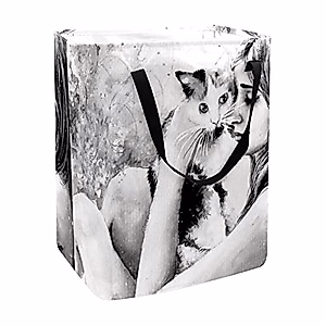 Beauty Girl and Cat Print Collapsible Laundry Hamper, 60L Waterproof Laundry Baskets Washing Bin Clothes Toys Storage for Dorm Bathroom Bedroom