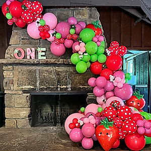 MOMO RUCCI 147Pcs Strawberry Balloons Arch Garland Kit with Strawberry Foil Balloons for Sweet Girl My Berry First Themed Birthday Party Supplies Baby Shower Gender Reveal Decorations Red Pink Green