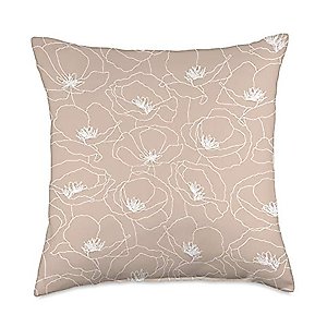 Floral Cute Minimalist Boho Modern Designs Poppy Flower Floral Pattern Beige and White Modern Neutral Throw Pillow, 18x18, Multicolor