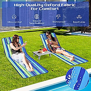 Tangkula 3 Pieces Beach Chairs for Adults, Lightweight Lawn Lounge Chairs with 5 Adjustable Recline Position, Zipper Pocket, Backpack 2 Pack Beach Chairs Set with Folding Side Table (Stripe)