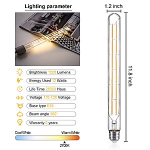 TIANSHQ LED Tube Bulbs,T10 Tubular Edison Style LED Filament Bulb, 12W Dimmable Antique LED Bulb,E26 Base,Clear Glass,Warm White,2700K,1000LM(75-100W Equivalent),11.8in,6Pack