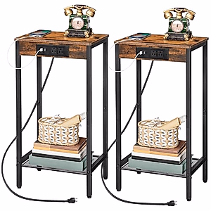 HOOBRO Set of 2 Tall Side Table with Charging Station, 28.7" H Industrial Telephone End Table, Small Entryway Table, Tall Bedside Table for Living Room, Hallway, Bedroom, Rustic Brown BF08UDHP201