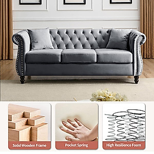 ATUMON 2 Piece Chesterfield Velvet 80“ 3-Seater and 59" Loveseat Sofa Set,Tufted Couch with 4 Pillows,Rolled Arms and Nailhead for Living Room, Bedroom, Office Grey