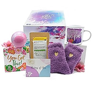 SHE FEELS LOVED Self Care Gift Basket for Women – Stress Relief Gift for Mom, Wife, Friends, 7-in-1 Self Care Kit, Get Well Gift Basket, Thinking of You Gifts, Christmas Gift Baskets for Women