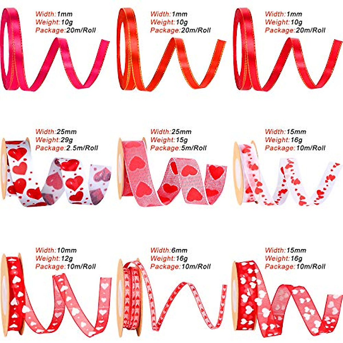 9 Rolls Valentine's Day Ribbons Printed Heart Ribbons Polyester Satin Ribbon Sheer Organza Ribbon Roll Craft Satin Ribbons Wrapping Ribbons with Gold Edge for Valentine's Day Wrapping Wedding Decor