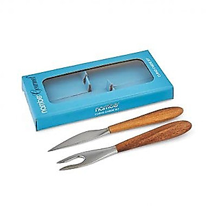 nambe Curvo Cheese Set | Cheese Knife and Fork Utensil Set for Charcuterie Board | Made of Stainless Steel and Acacia Wood | Designed by Steve Cozzolino