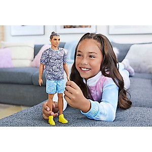 Barbie Fashionistas Ken Fashion Doll #204 with Brown Hair in Man Bun Wearing Paisley Tee & Shorts with Yellow Sneakers