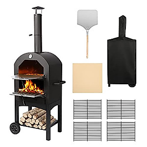 Xilingol Outdoor Pizza Oven, Wood Fired Pizza Oven for Outside, Large Pizza Ovens with 4 Steel Pizza Grills, 2 Removable Wheels, 12" Pizza Stone, Pizza Spatula, Waterproof Cover for Patio Backyard