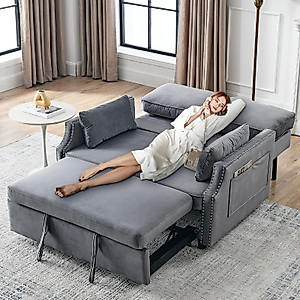 PATAVOT 3 in 1 Sleeper Sofa Couch, Velvet Upholstered Sleeper Sofa Bed with Side Storage Pockets, 2-Seater Pull Out Couch with 2 Pillows and Removeable Backrest for Living Room, Apartment, Grey.