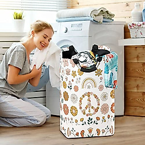 Kigai Laundry Hamper Basket Retro Flowers Peace Sign Collapsible Nursery Storage Bin Waterproof Clothing Baskets for Home Bedroom Bathroom Washing Room