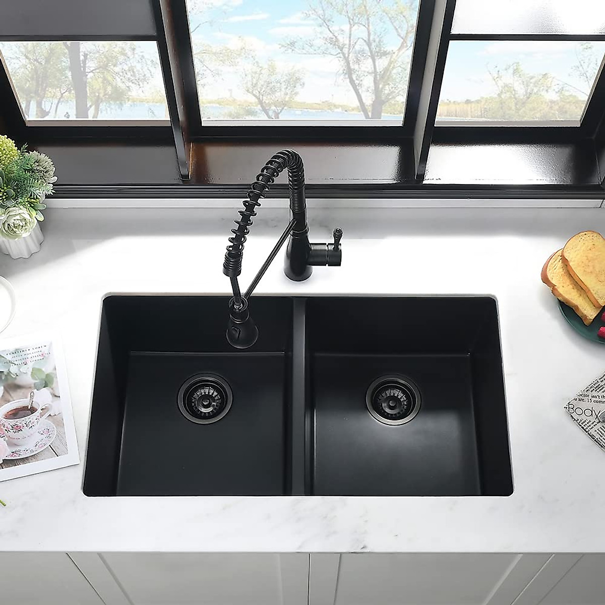 32 Inch Black Kitchen Sink Undermount-iAnomla 32x18 Inch Double Bowl Kitchen Sink 50/50 Black Quartz Composite Undermount Kitchen Sink