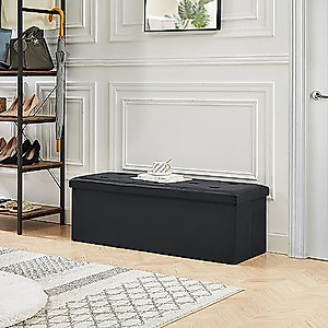 VECELO 43'' Folding Storage Ottoman, End of Bed Bench, Tufted Faux Leather Chest for Living Room, Utility Room, Hallway, Holds up to 660 lb, Easy to Assemble, Black