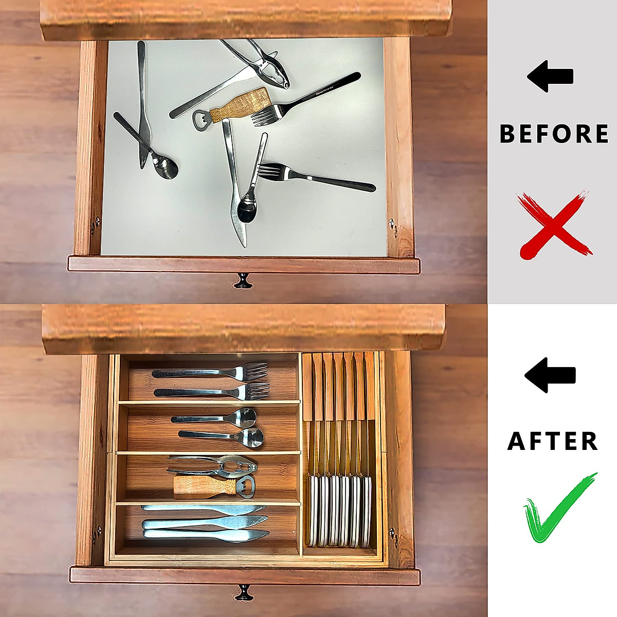 ZROOY Expandable Bamboo Silverware Organizer Drawer for Utensils Holder, 8 Compartments for Drawer Tray with Grooved Drawer Dividers,Removable Knife Block(Natural)