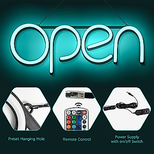 Tekstap Open LED Signs for Business Window, RGB Color Changing Open Neon Sign, 16x6 inches LED Open Sign Lighted with Remote Control & Power Adapter for Storefront/Business Window Restaurant/Bar/Salon
