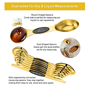 LIFETOWE Gold Measuring Cups and Spoons Set of 15, 18/8 Stainless Steel, Includes 7 Nesting Metal Measuring Cups,8 Magnetic Measuring Spoons set - Ideal Kitchen Gadgets for Cooking and Baking Needs