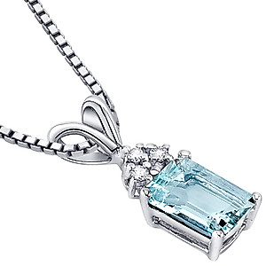 PEORA Solid 14K White Gold Aquamarine with Diamond Pendant for Women, Genuine Gemstone Birthstone Solitaire, Emerald Cut, 7x5mm