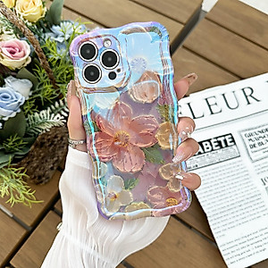 Sayoaho Compatible with iPhone 13 Pro Max Case for Women, Cute Curly Wave Frame Shape, Colorful Retro Oil Painting Flower Laser Beam Glossy Pattern, Compatible with iPhone 13 Pro Max, Pink