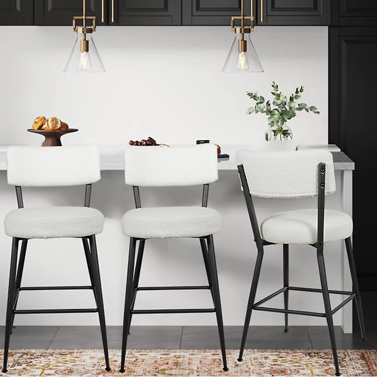 Sucrever 24” Boucle Bar Stools Set of 4, Counter Height Bar Stools with Back, Sherpa Barstools with Black Metal Legs/Footrest, Cream White Boucle Bar Chairs Bar Stools for Kitchen Island, Dining Room