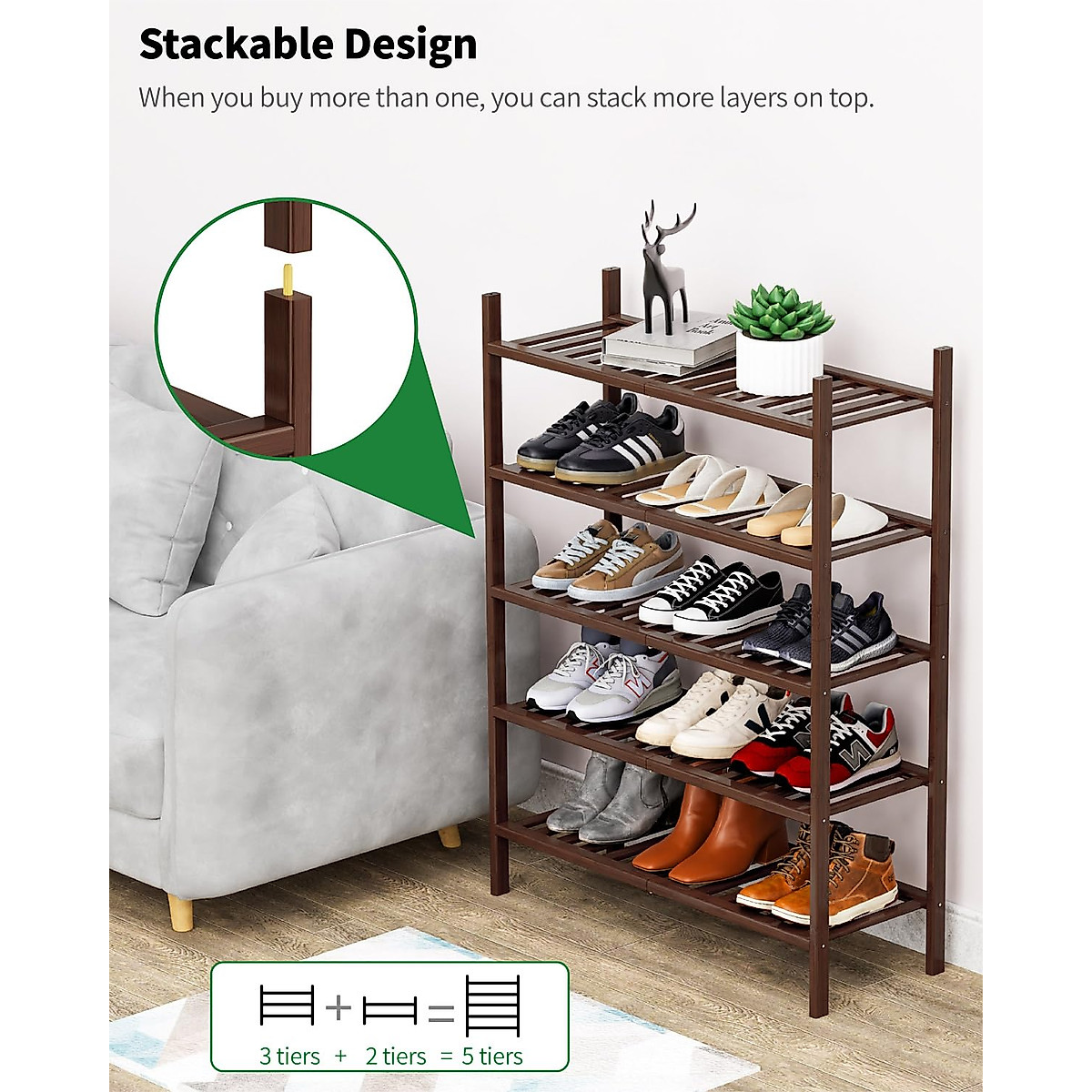 VOPOG Shoe Rack, 2-Tier Bamboo Shoe Rack for Front Door Entrance with Shoe Horn, Stackable Shoe Rack Organizer Shoe Shelf for Entryway, Hallway, Bathroom, and Closet Shoe Organizer - Brown