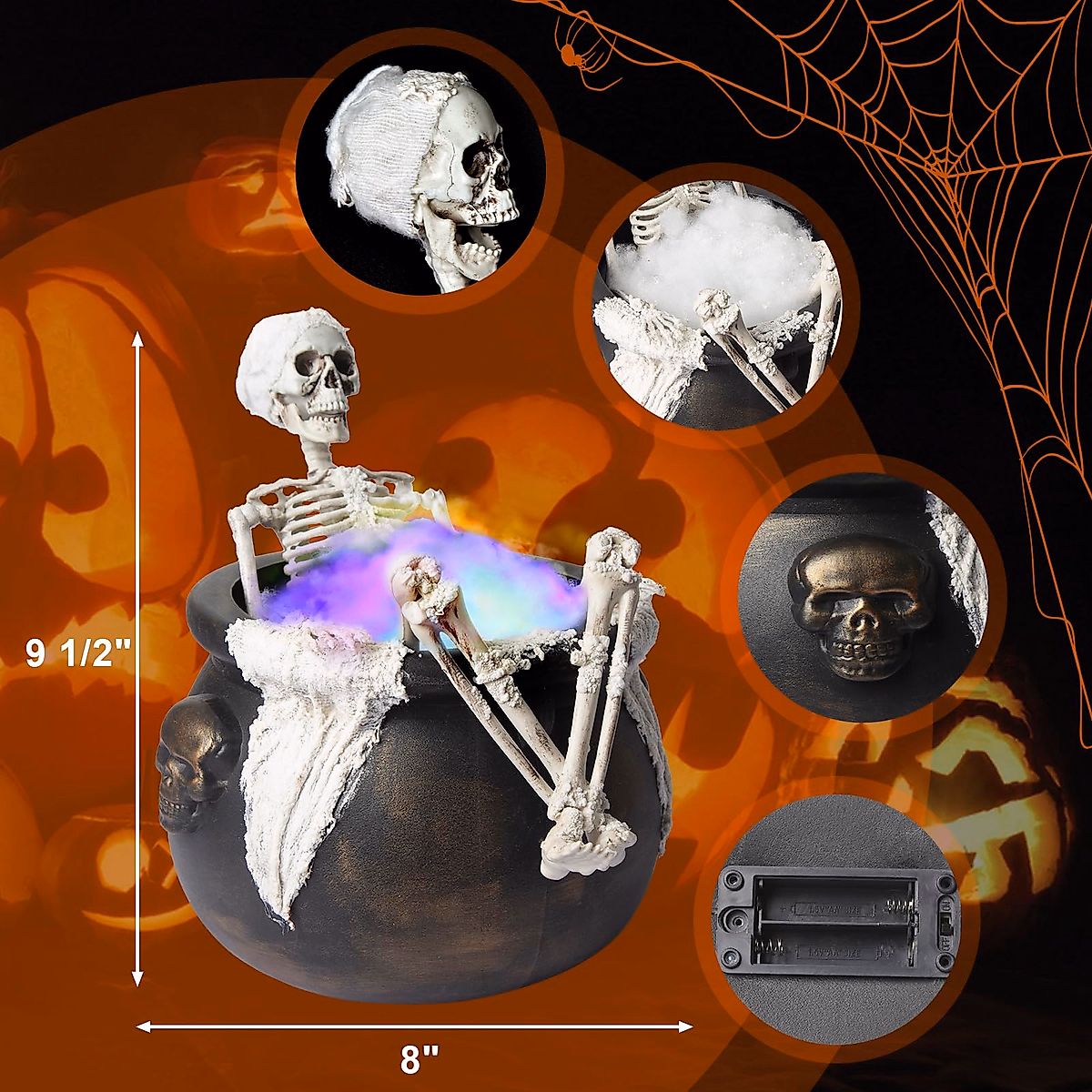 8" Cauldron Halloween Decorations Indoor, Skeleton Bathing Black Plastic Cauldron with LED Lights, Perfect Witch Cauldron Decor for Indoor Halloween Decorations Party & Haunted House Props