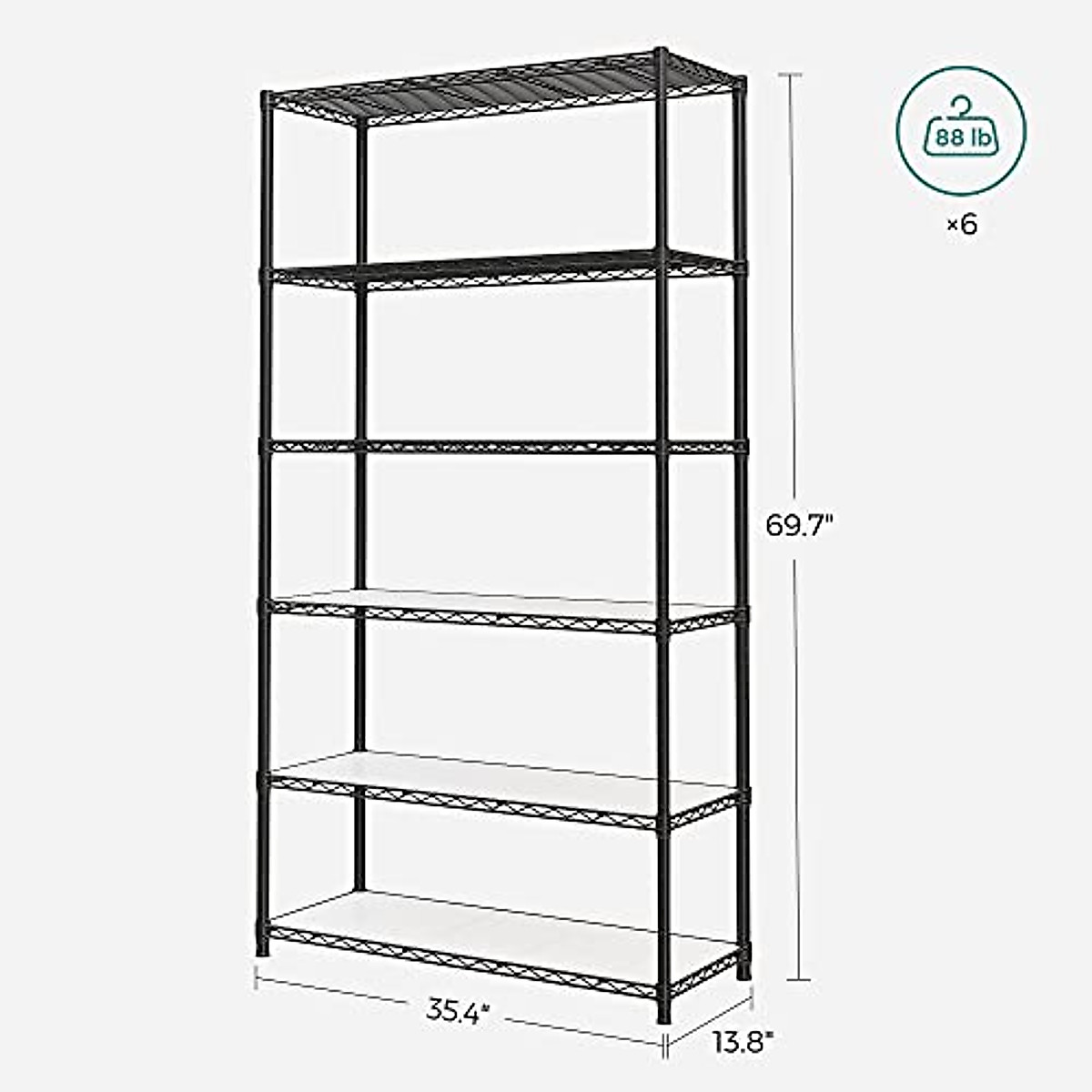 SONGMICS Garage Shelving, 6-Tier Wire Shelving Unit, Kitchen Storage Rack with Adjustable Shelves, Shelf Liners, 8 Hooks, Total Max. Load 528 lb, for Living Room, Garage, Black ULGR096B01