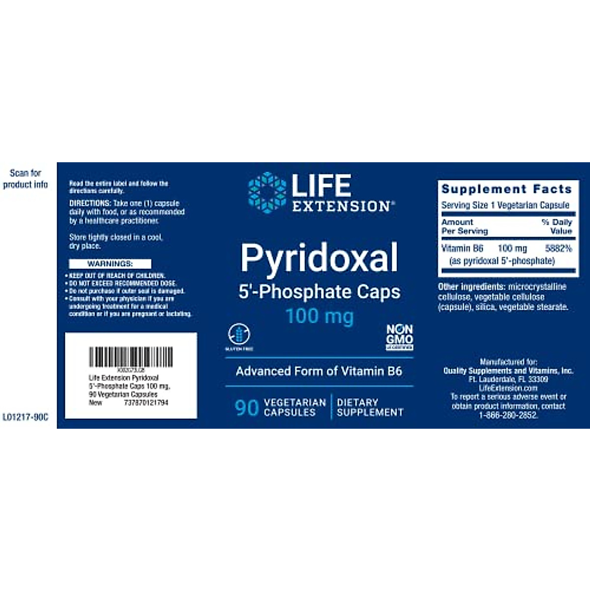 Life Extension Pyridoxal-5'-Phosphate Caps P5P 100 mg, 90 Veg Capsules (Pack of 2) - Advanced Vitamin B6 Supplement