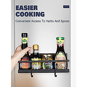 BRONYPRO Magnetic Spice Rack, 2 Pack Magnetic Shelf for Refrigerator, Large Spice Rack, Space Saver for Small Kitchen, Hanging Magnetic Storage With 4 Hooks, for Spices, Plates, Books, Plants（Black）